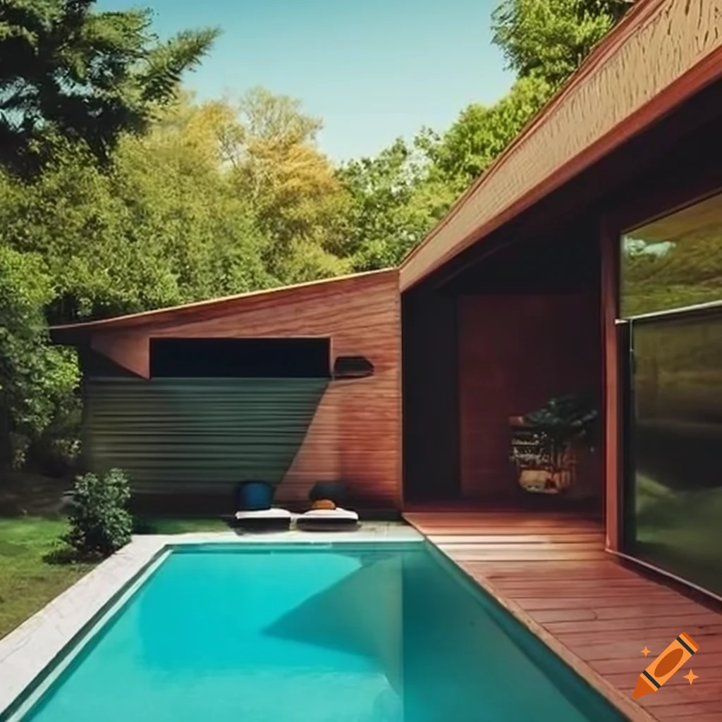 Cozy 70s mid century pool house on Craiyon