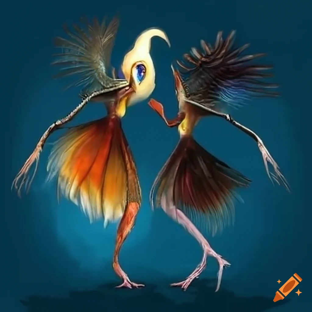 Two birds of paradise are doing a mating dance while aliens are ...