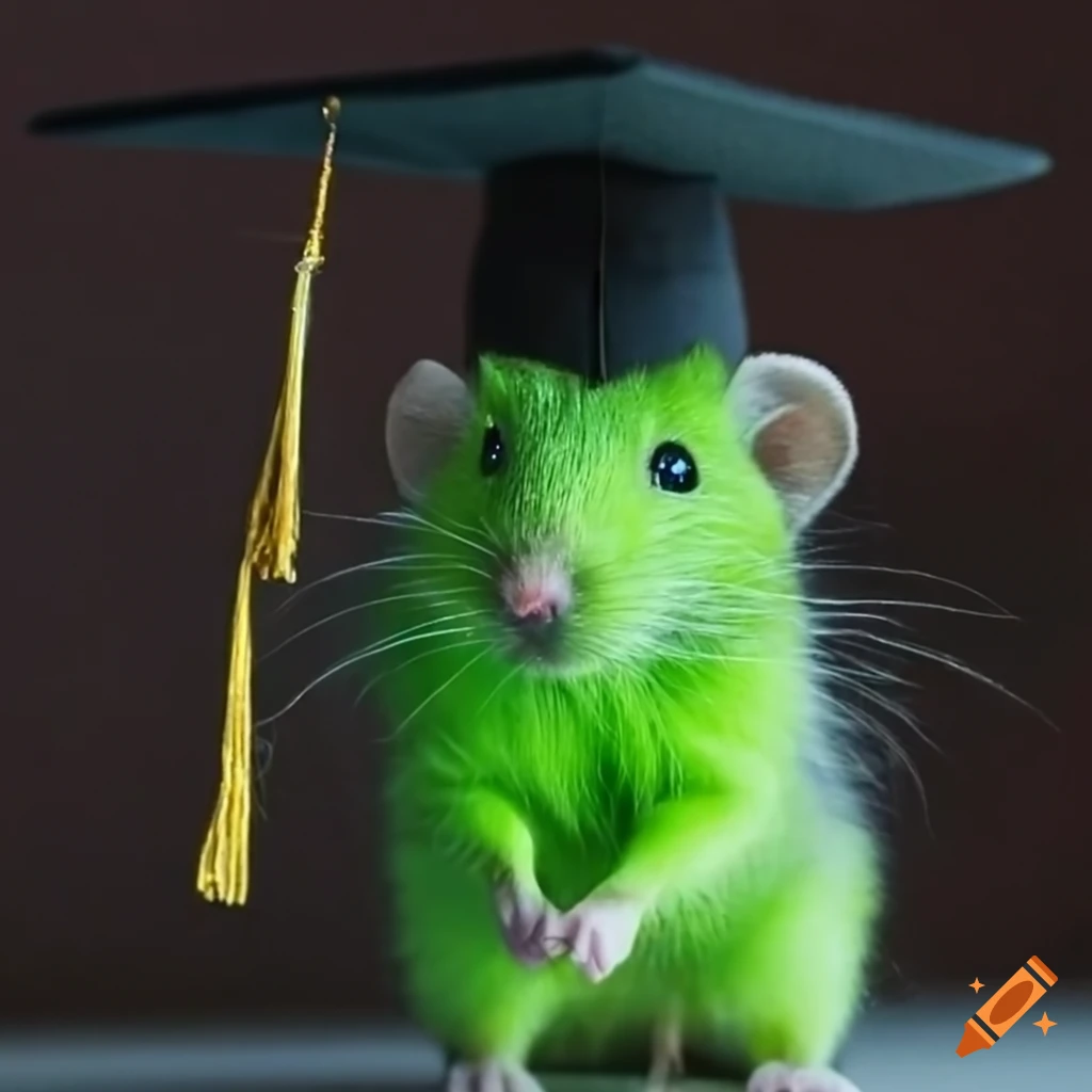 Green mouse wearing black graduation cap on Craiyon