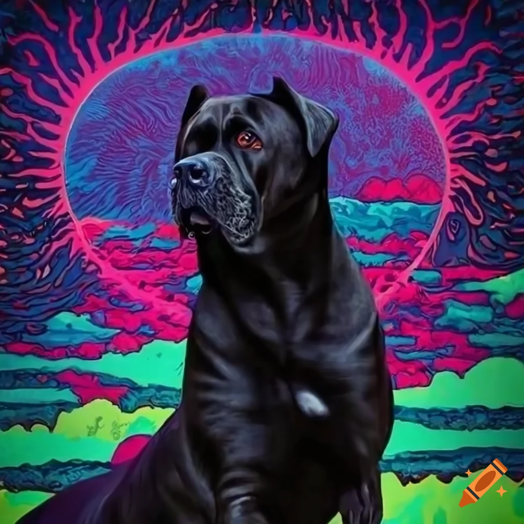 Psychedelic movie poster featuring a cane corso and surreal mountain ...