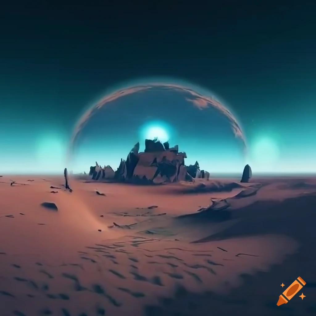 A sci-fi desert planet landscape with ruined alien structures in the ...