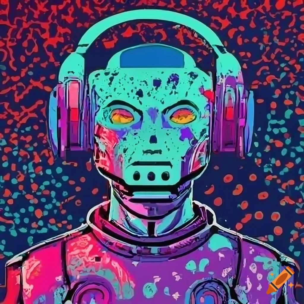 80d 90s sci-fi manga, robot man with headphones, fiery background, 80s ...
