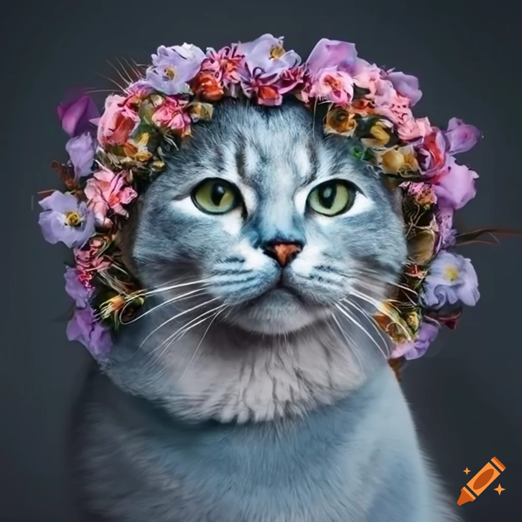 Hyperrealistic blue cat with a flower wreath on white background