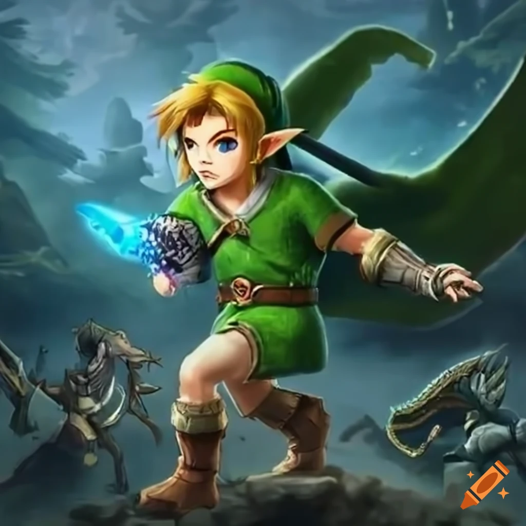 Young link bravely battling fierce creatures in a mystical world