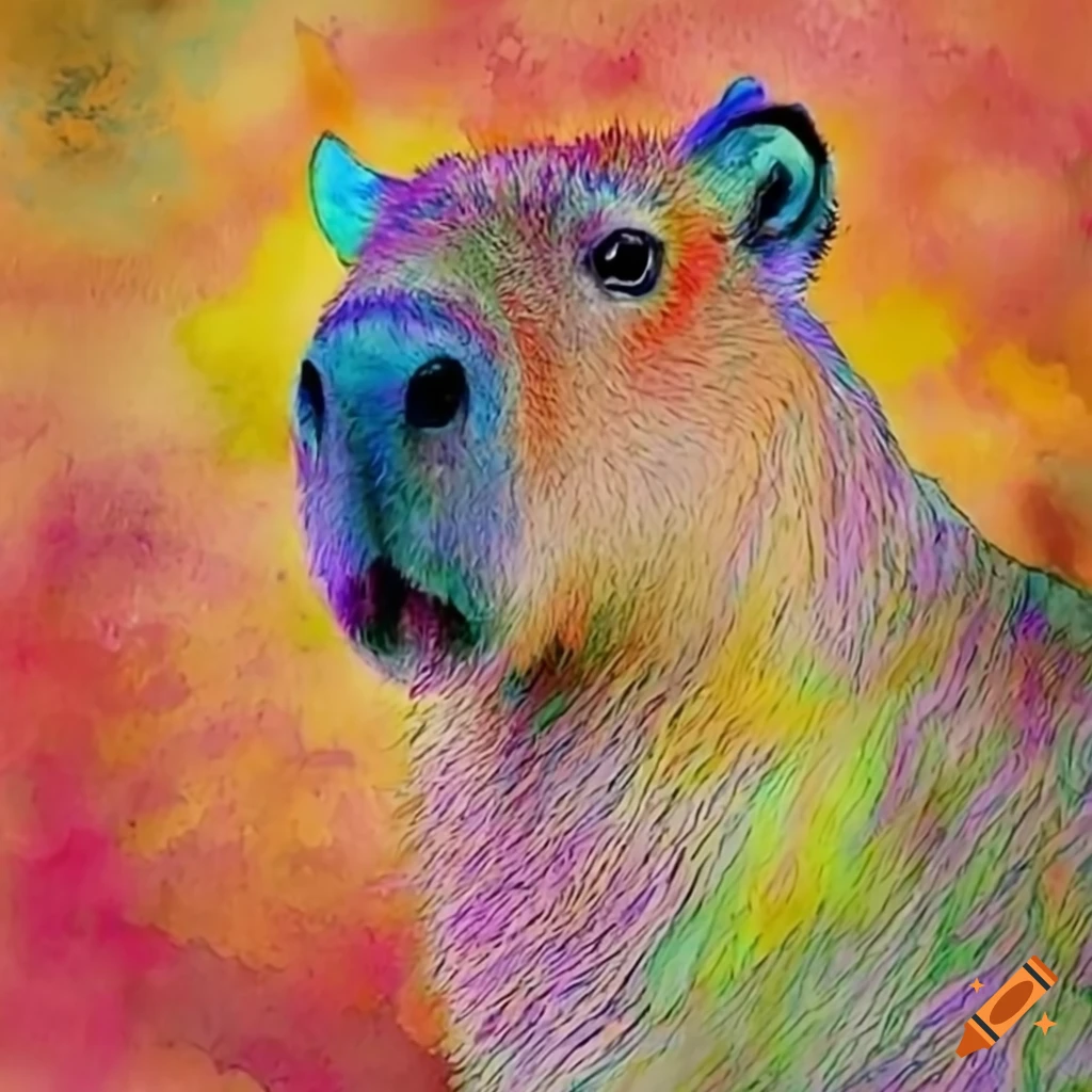 A rainbow capybara. the background is a orange yellow colour
