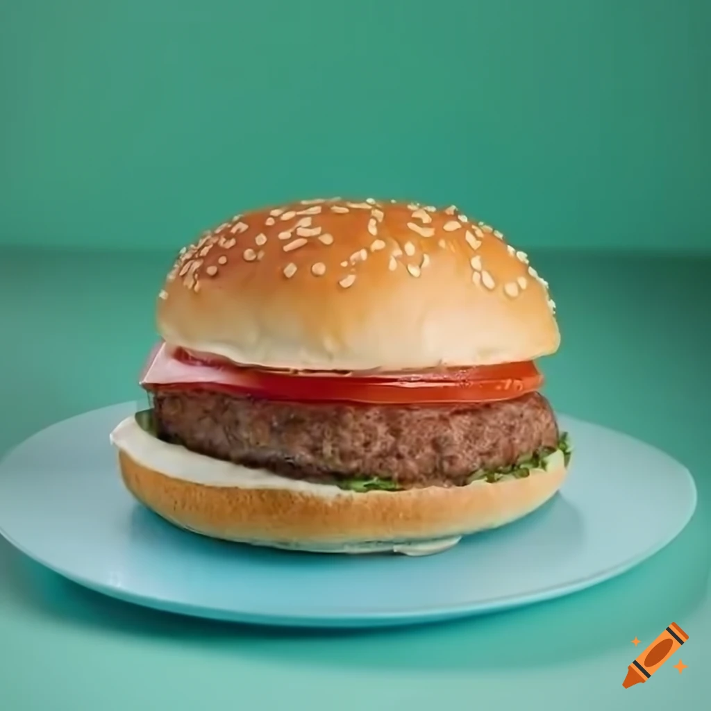 One Burger On Light Blue Hexagon Plate With Tomatoes Sauce Light Green one-burger-on-light-blue-hexagon-plate-with-tomatoes-sauce-light-green