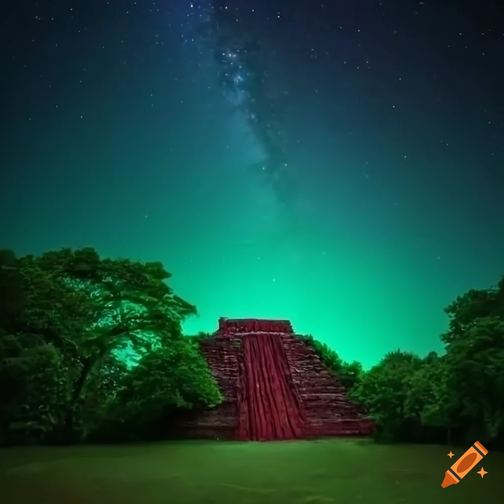Huge bright red stone ziggurat rising out of a dark green jungle under ...