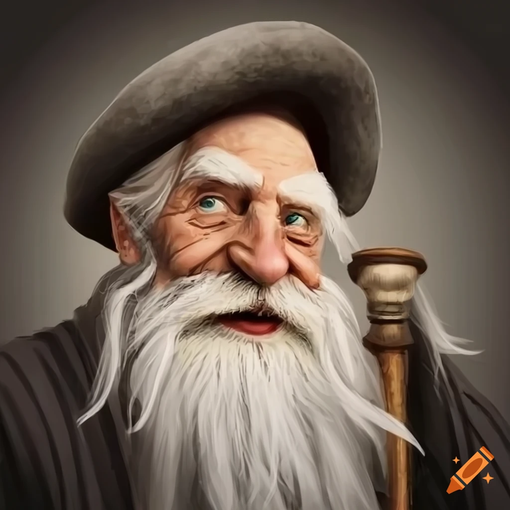 Wizard. an old smiling man with grey beard and magic stick with hat on