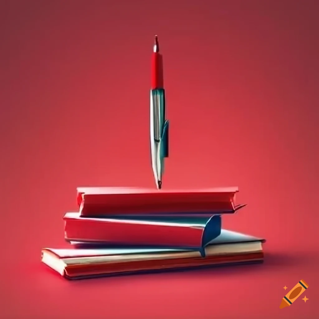 A red pen and many red books symbolizing writing and reading skills ...