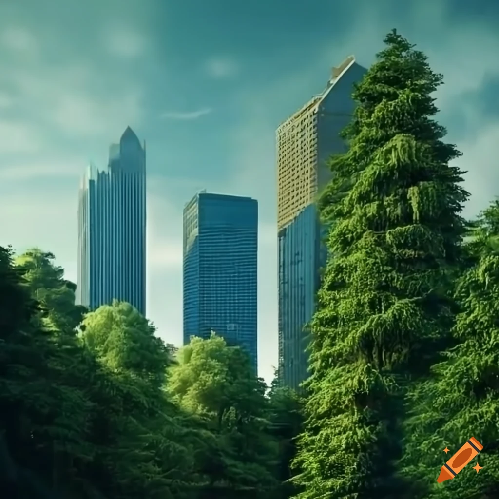 3 skyscrapers surrounded by trees, realistic photo on Craiyon