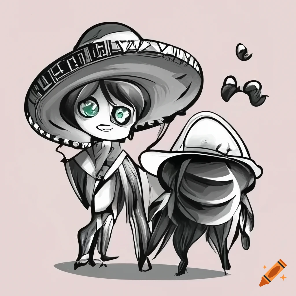 Sombrero and poncho comic mascot in black and white