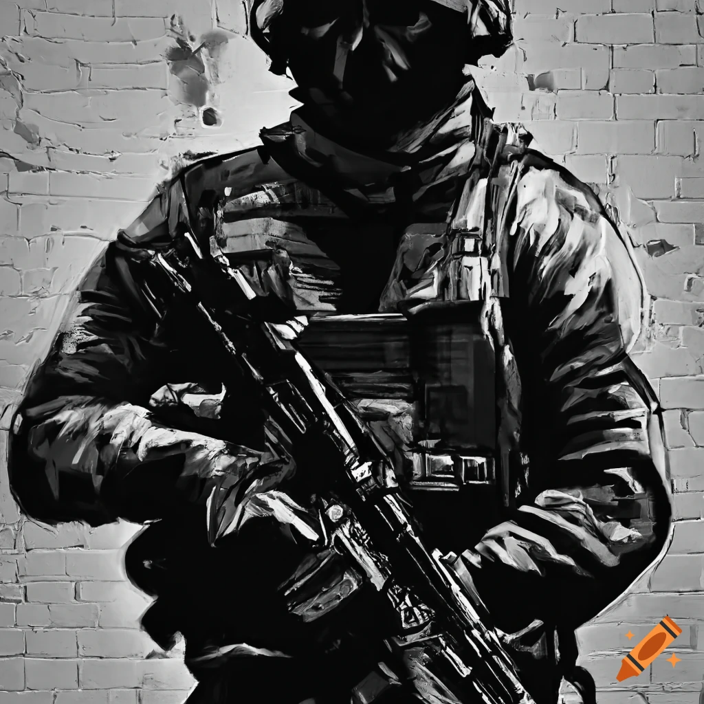 Graffiti of a soldier, spec ops, on brick wall, black and white ...