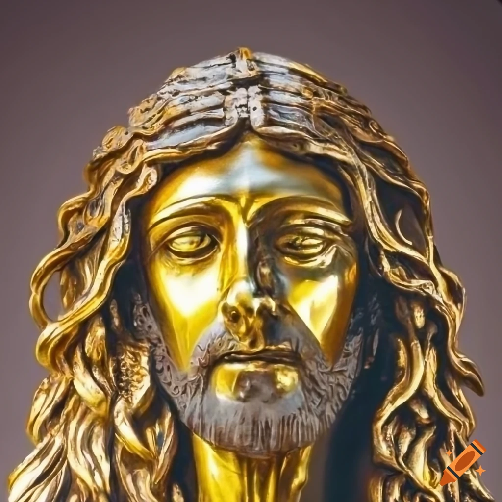 Photography of golden crucifix, close up to christ's face, front view ...