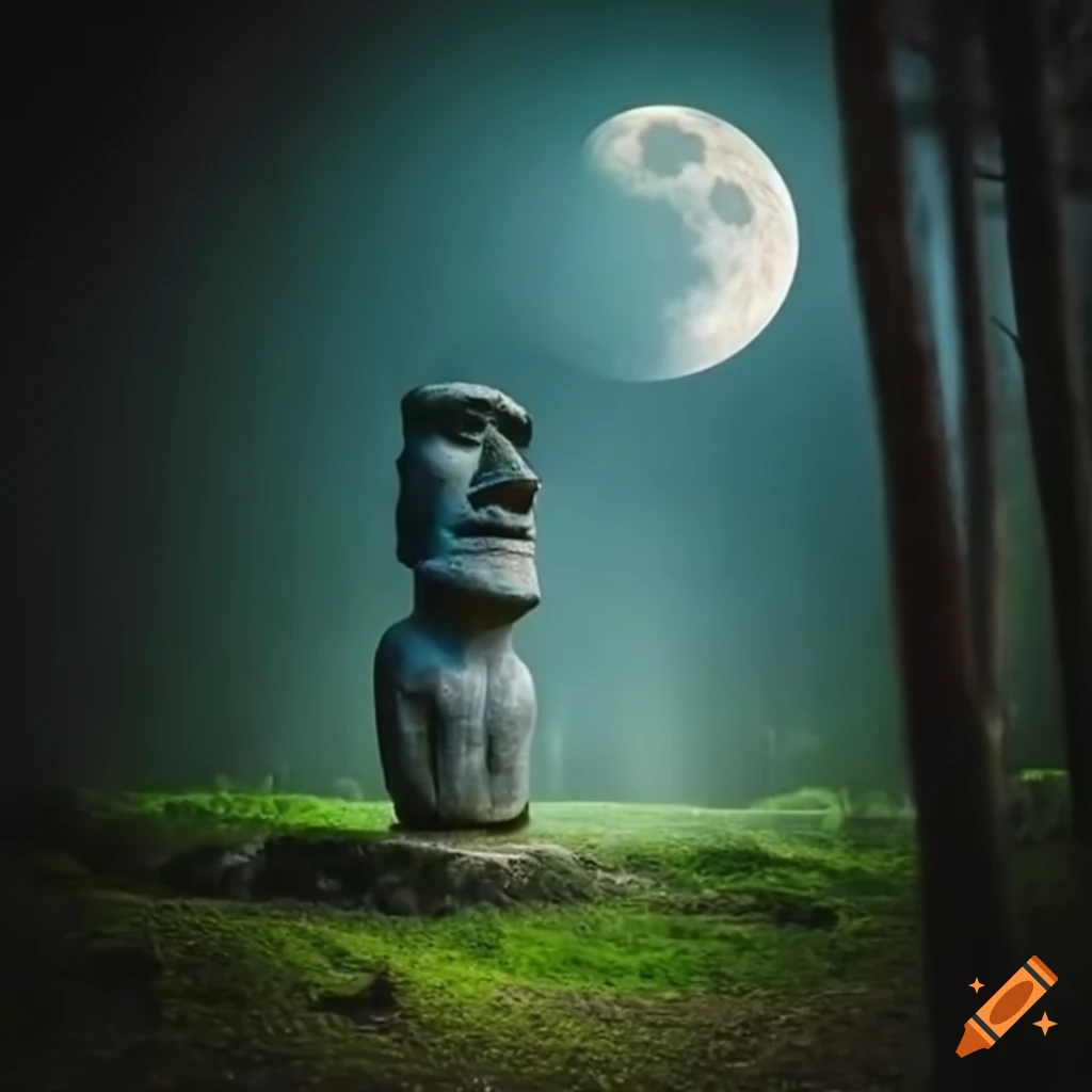 A mysterious moai statue standing amidst a moonlit forest on Craiyon