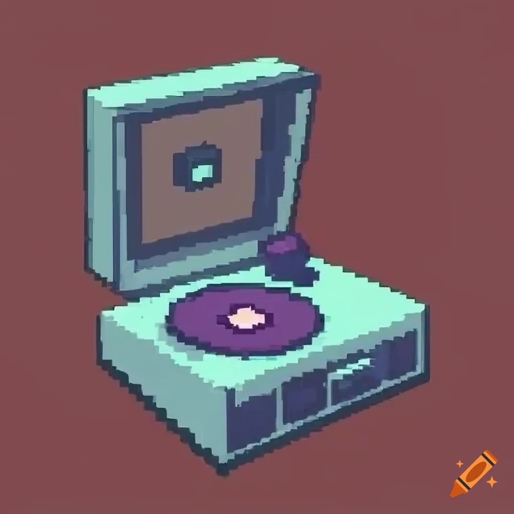 Pixelated record player video game stylized 3/4 angle view on Craiyon