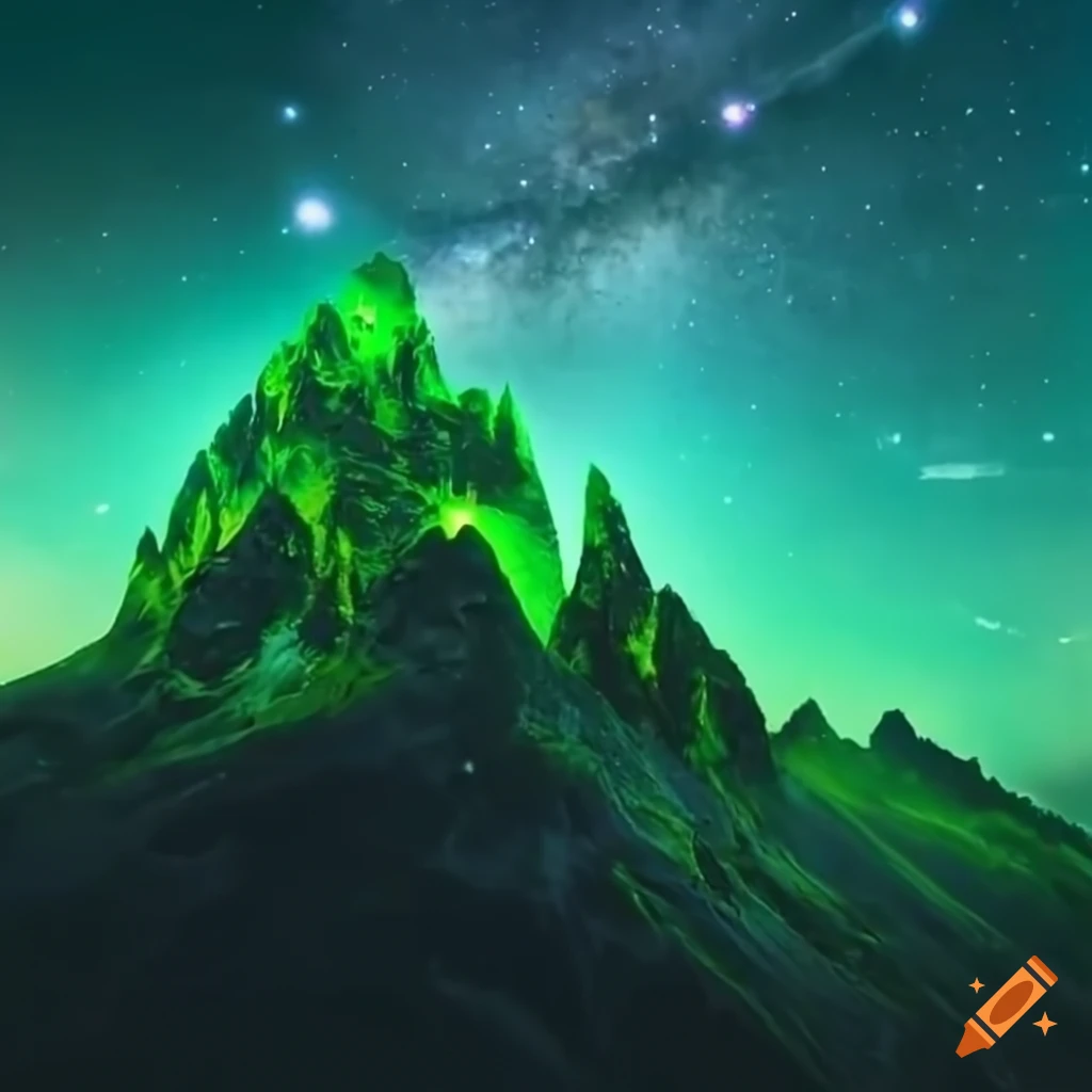 Vibrant green fel mountain with glowing fire and sparkling stars