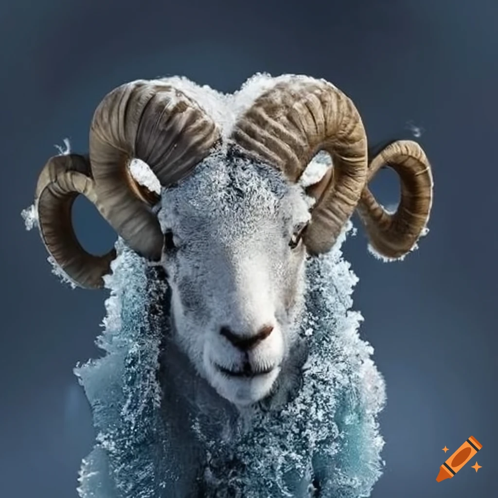 A ram with frozen ice coated horns