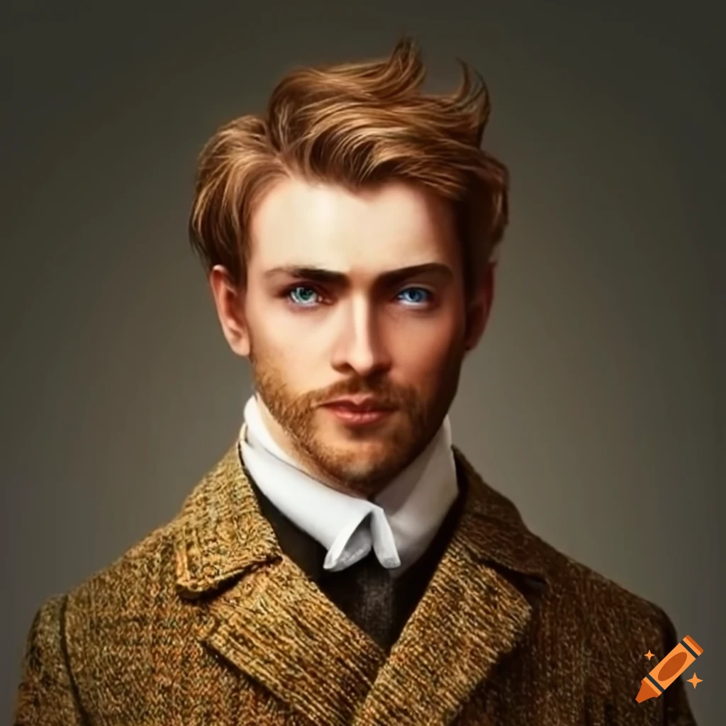 Scholar man with brown hair and blue eyes wearing tweed jacket