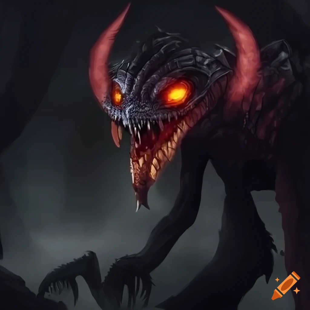 A dragon-like monster with a grin and red eyes with long fangs and ...