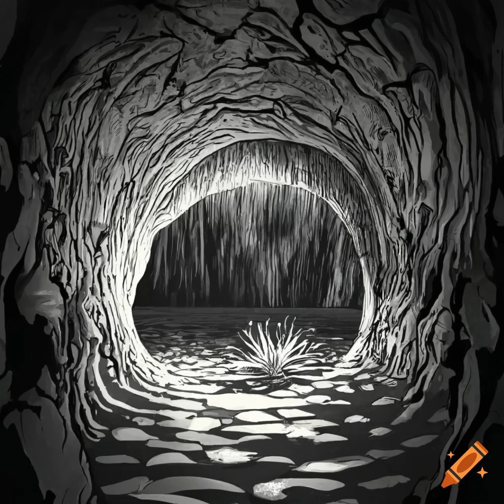 Round cave , in the midlle is small island with grass and around are ...