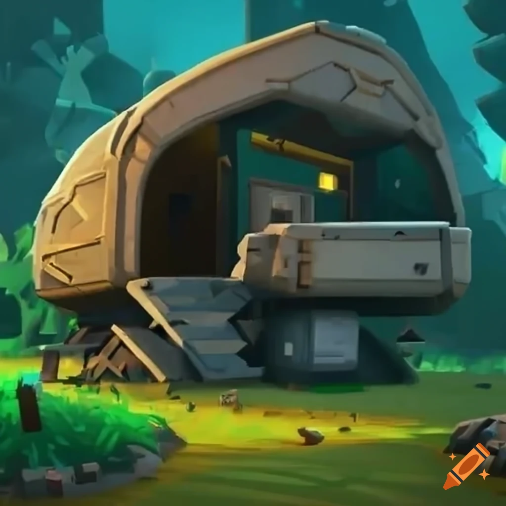 A makeshift survival base in a crash-landed escape pod, view from the ...