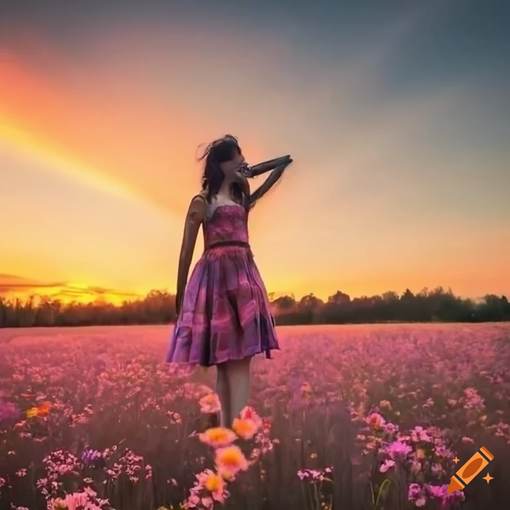 Yung witch in flower field, beautifull sky golden hour, in background ...