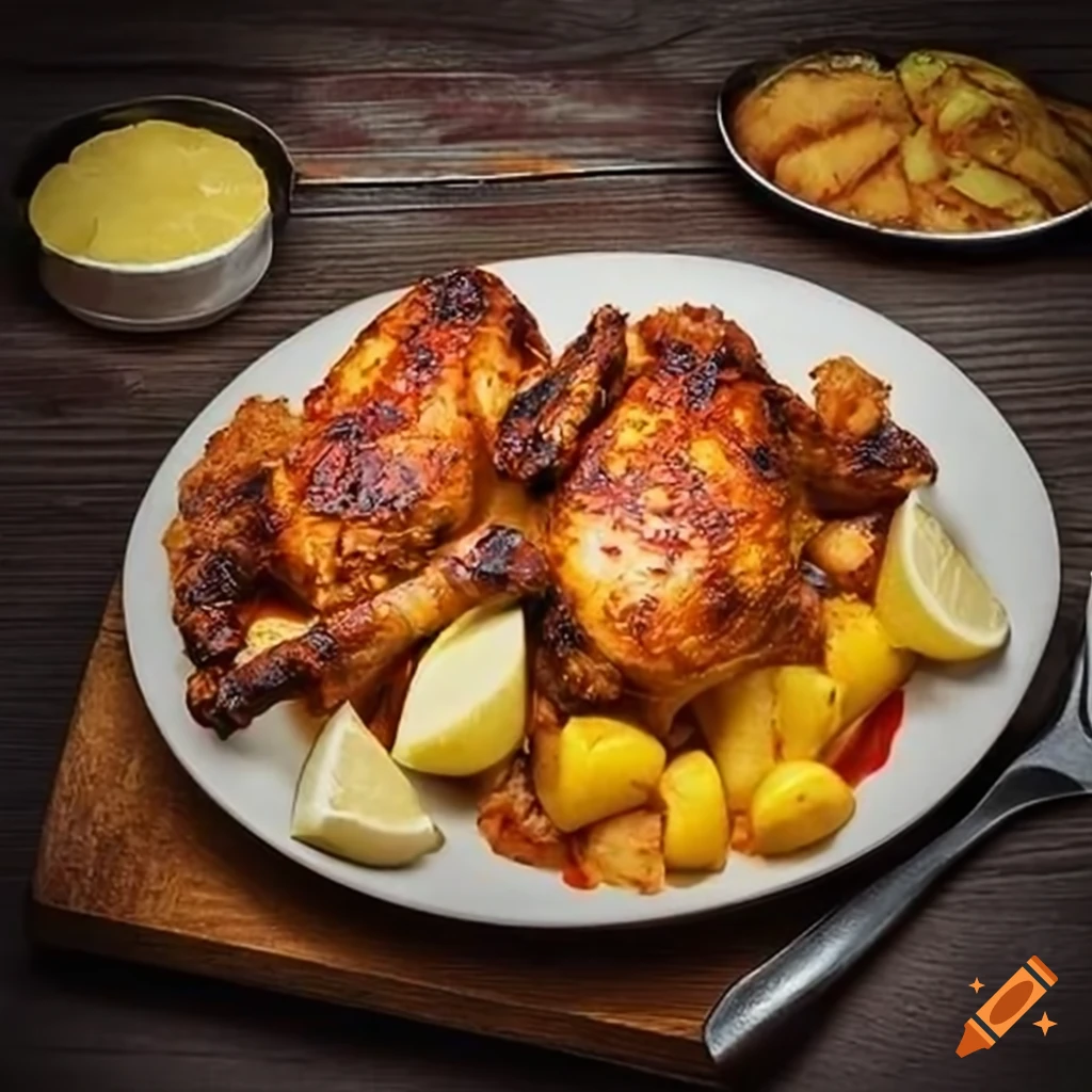 Combo familiar de gran pollo asado con papas , ensalada y salsa on Craiyon