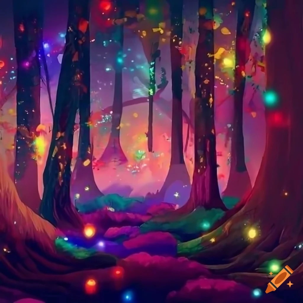 A magical forest with glowing trees and colorful lights