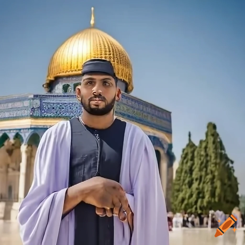 Muslim young man wearing juba front face facing with masjid aqsa in ...