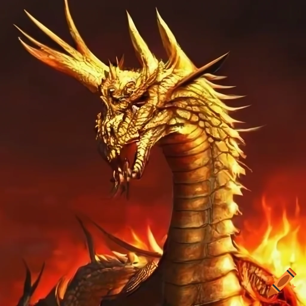 Ancient dragon, golden dragon, European dragon, breathing fire, flying ...