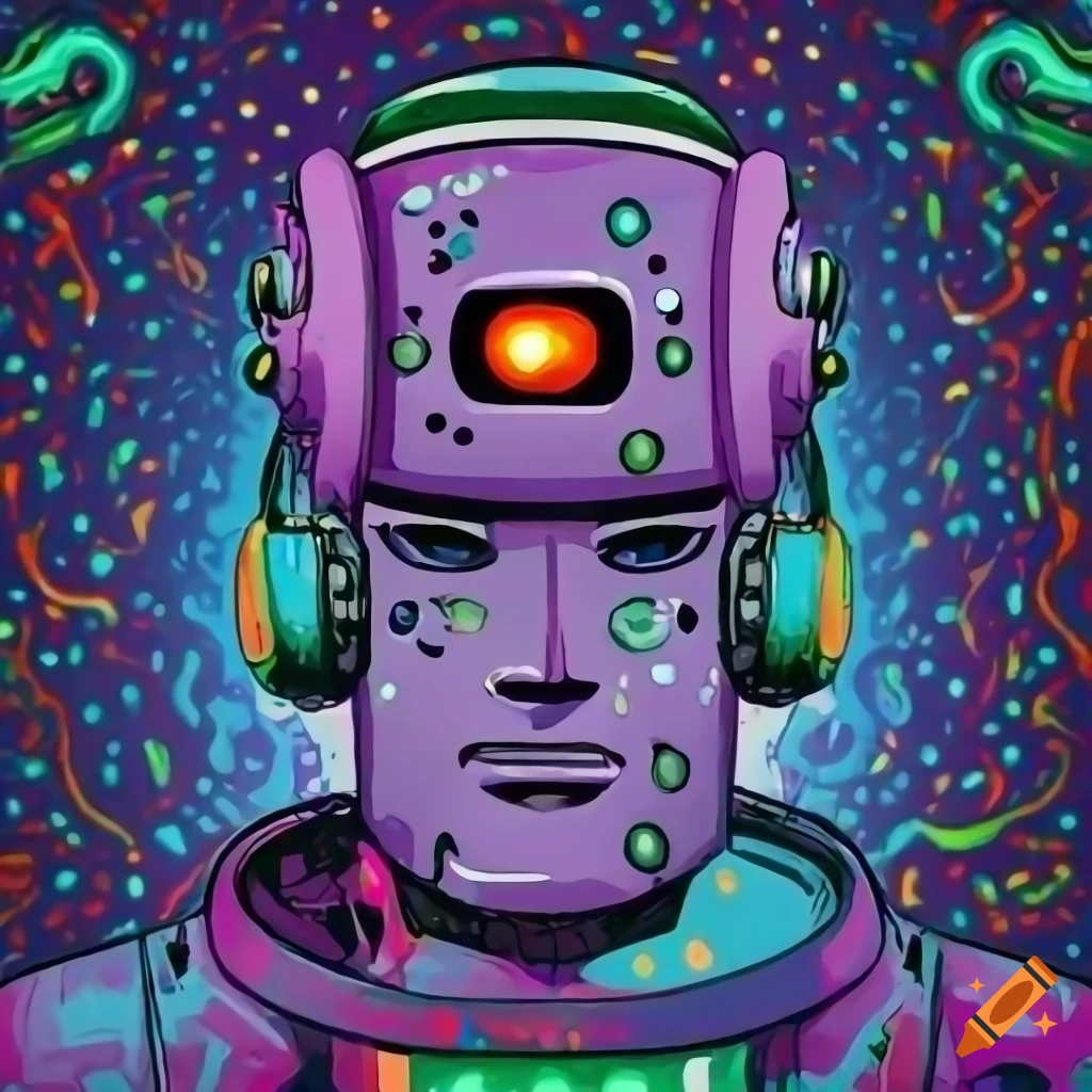 80d 90s sci-fi manga, robot man with headphones, 80s and 90s colours ...