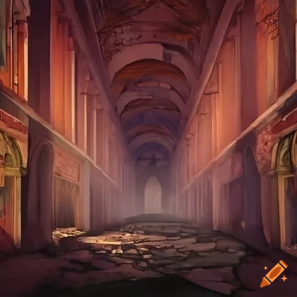 A big abandoned hall with a sakura in in middle