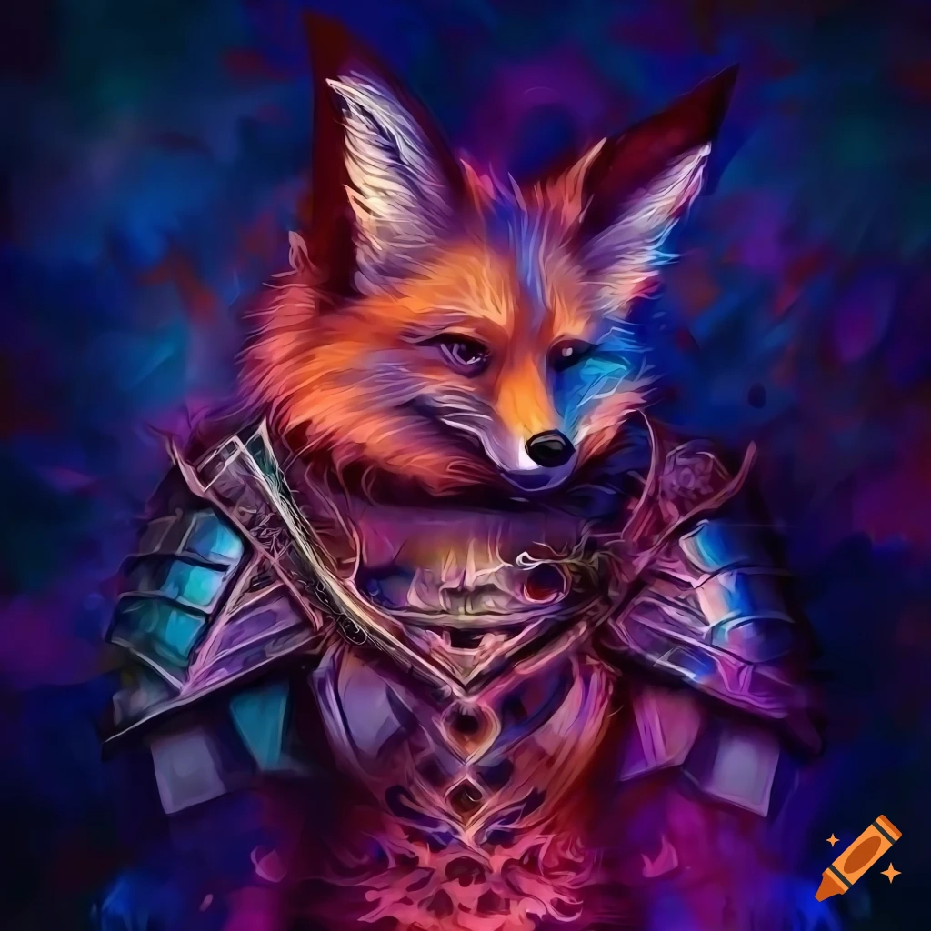 Colorful abstract album art of a fox furry in armor with a detailed ...