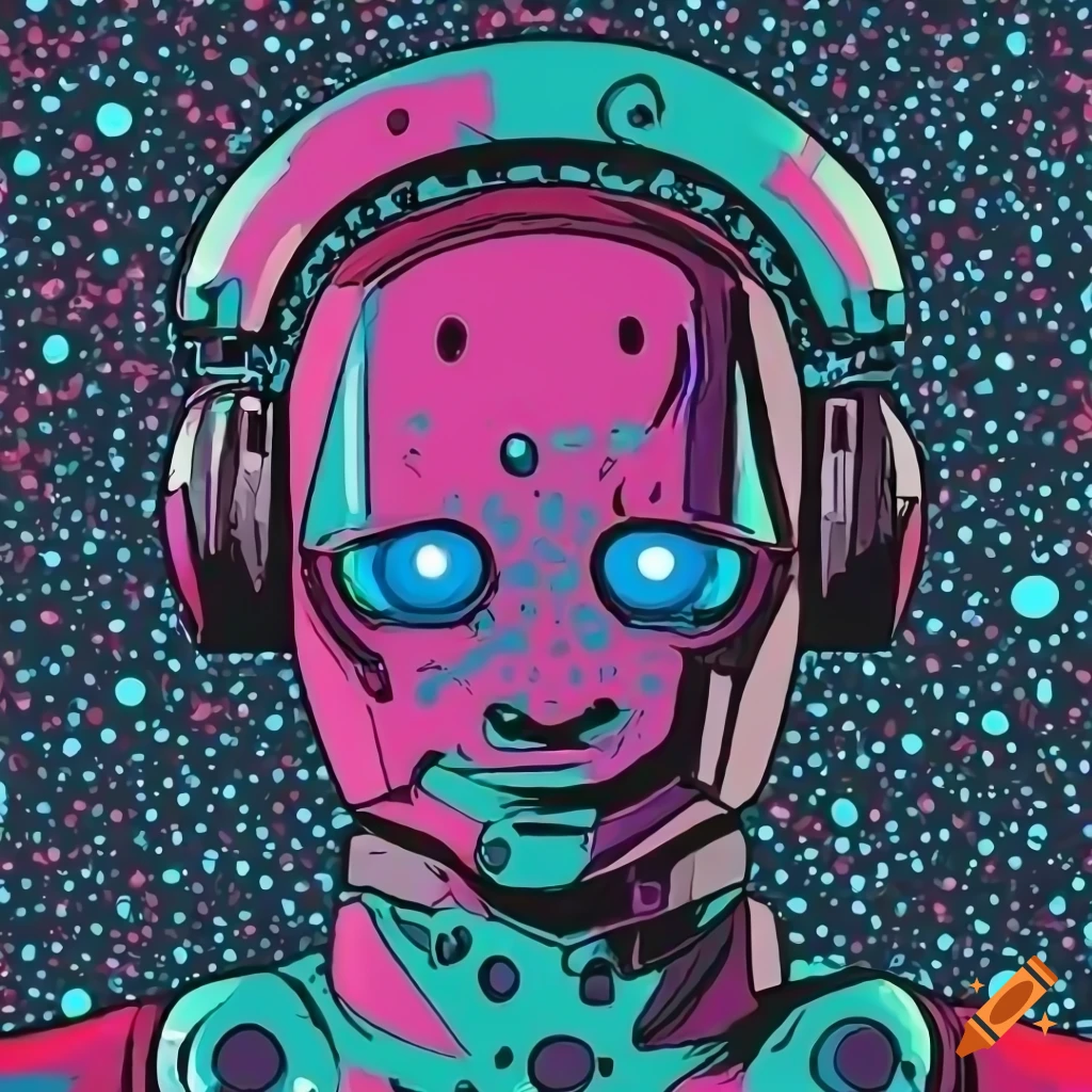 80d 90s sci-fi manga, music themed, robot man with headphones, 80s and ...