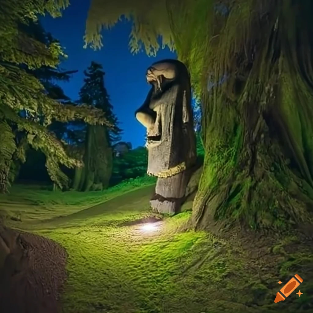 Moai statue in dark forest at night from security camera on Craiyon