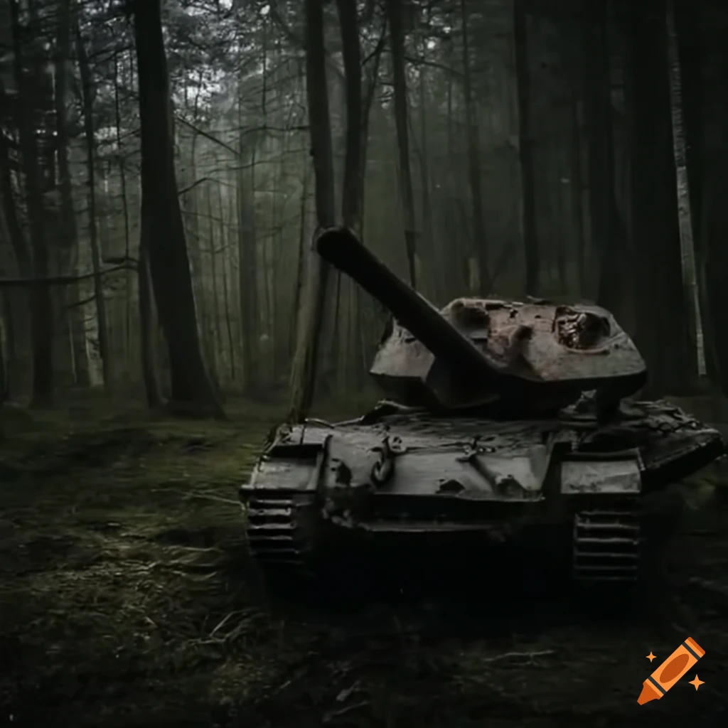 A destroyed tank in a dark and mysterious forest