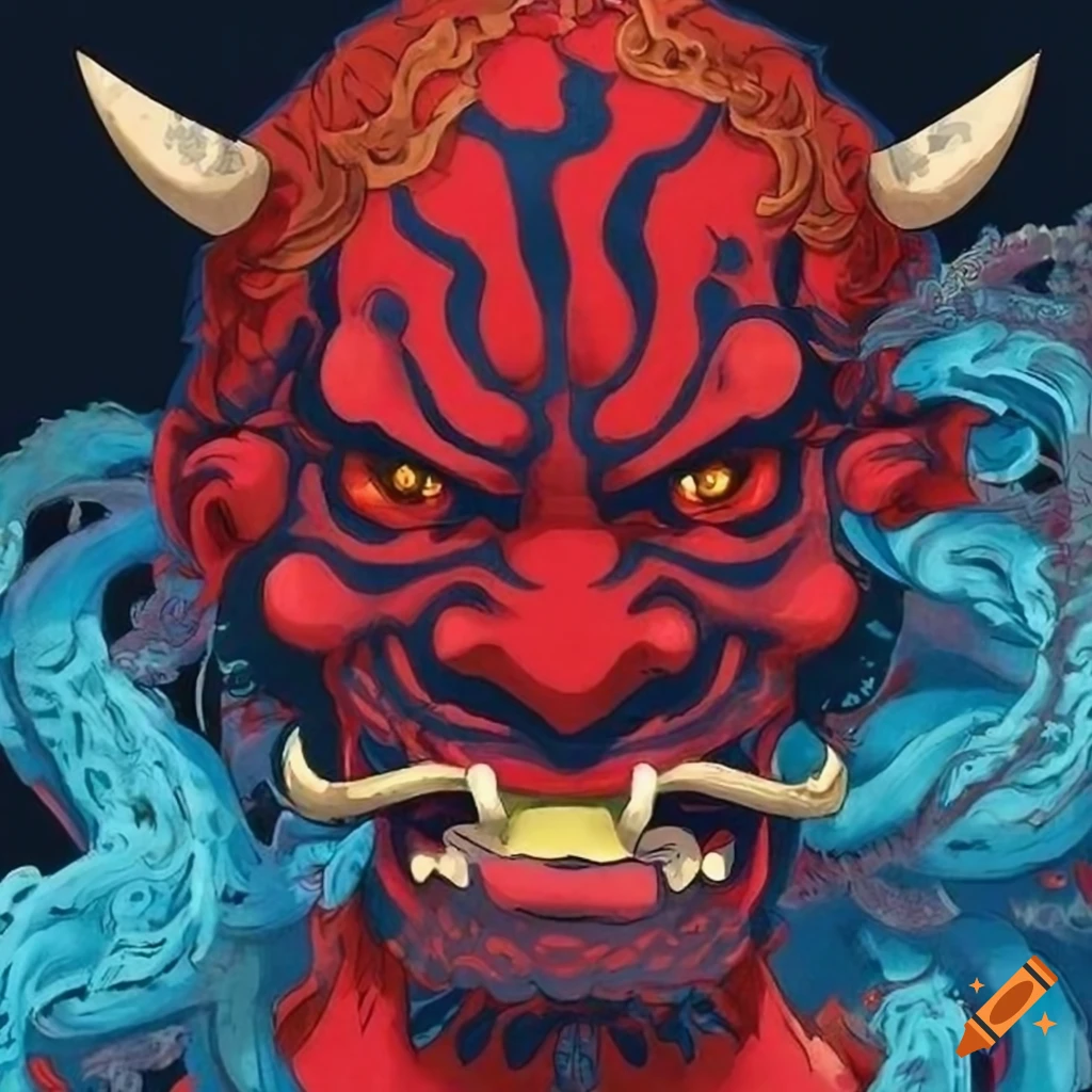 Red oni and blue oni in ukiyo-e style