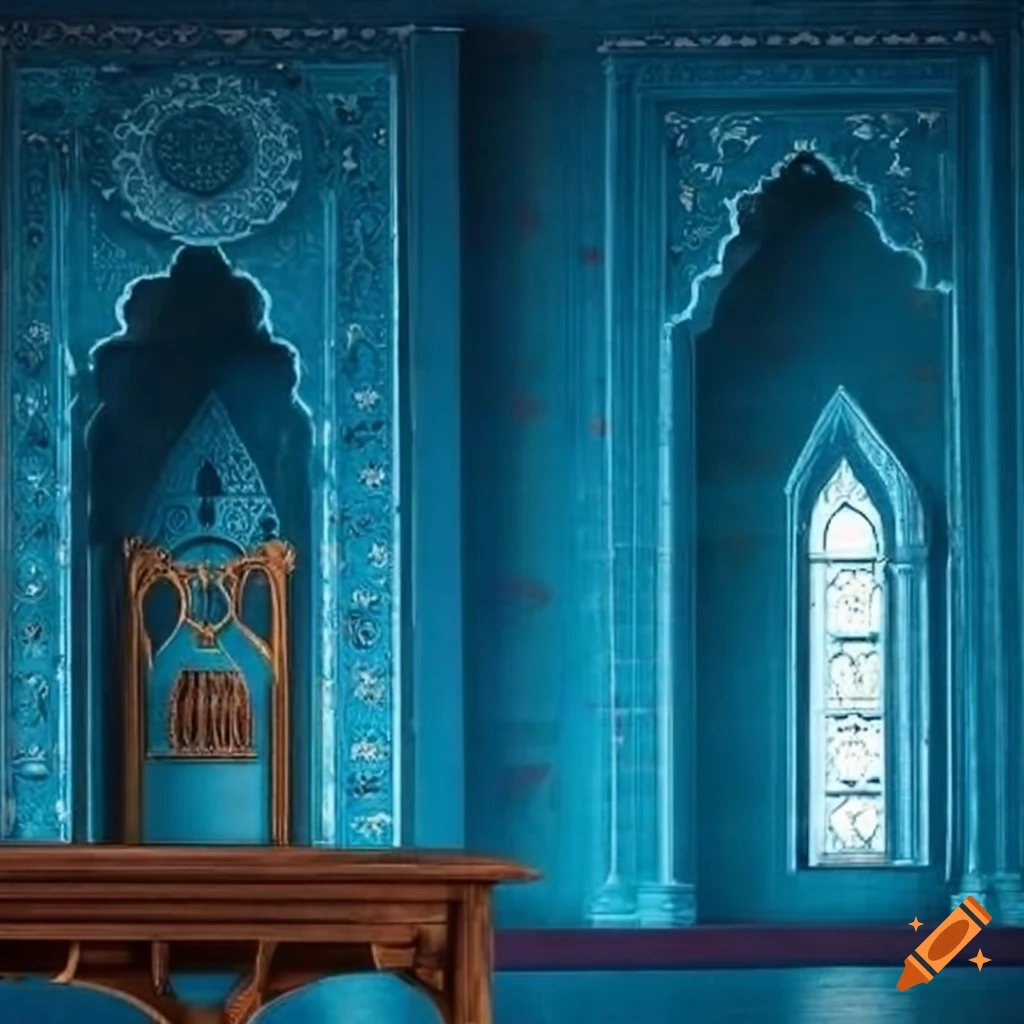 Serene room in a mosque wooden table desk with statues on it blue and ...