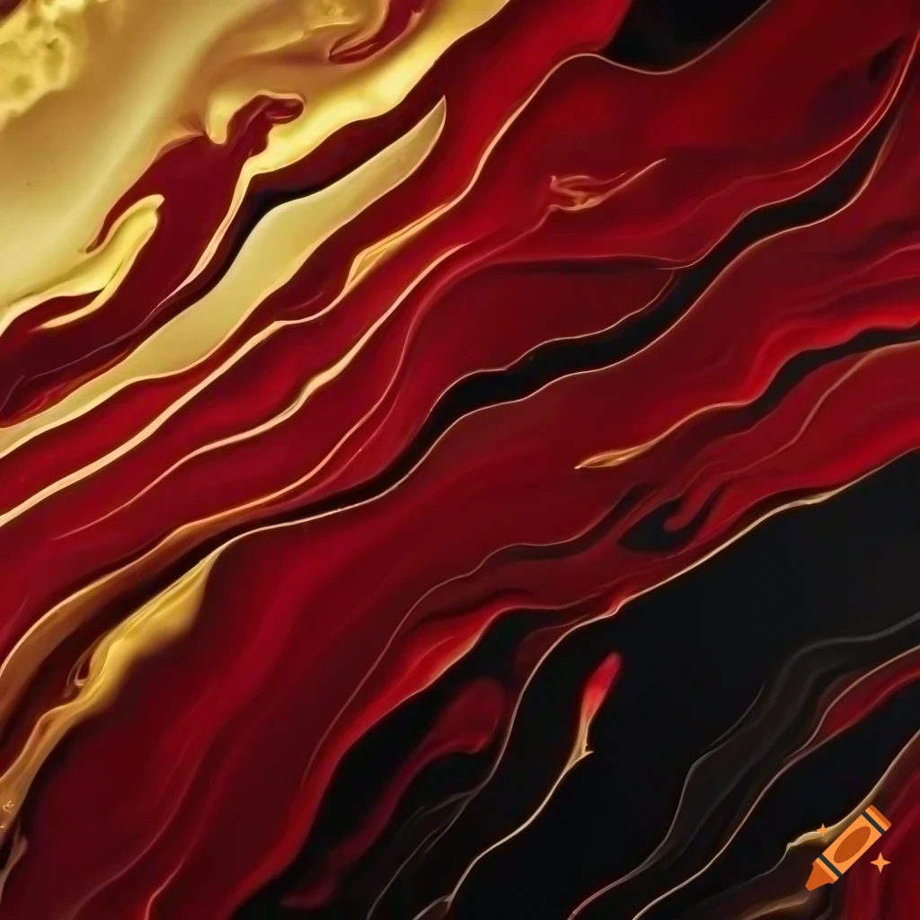 Abstract painting in deep blood red, metallic gold and velvet black on ...