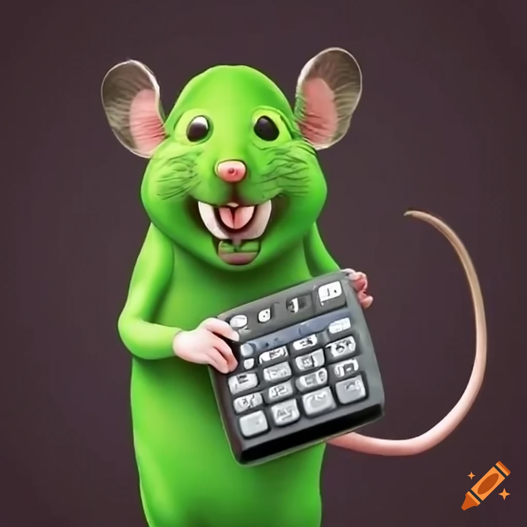 A cheerful green mouse holding a calculator