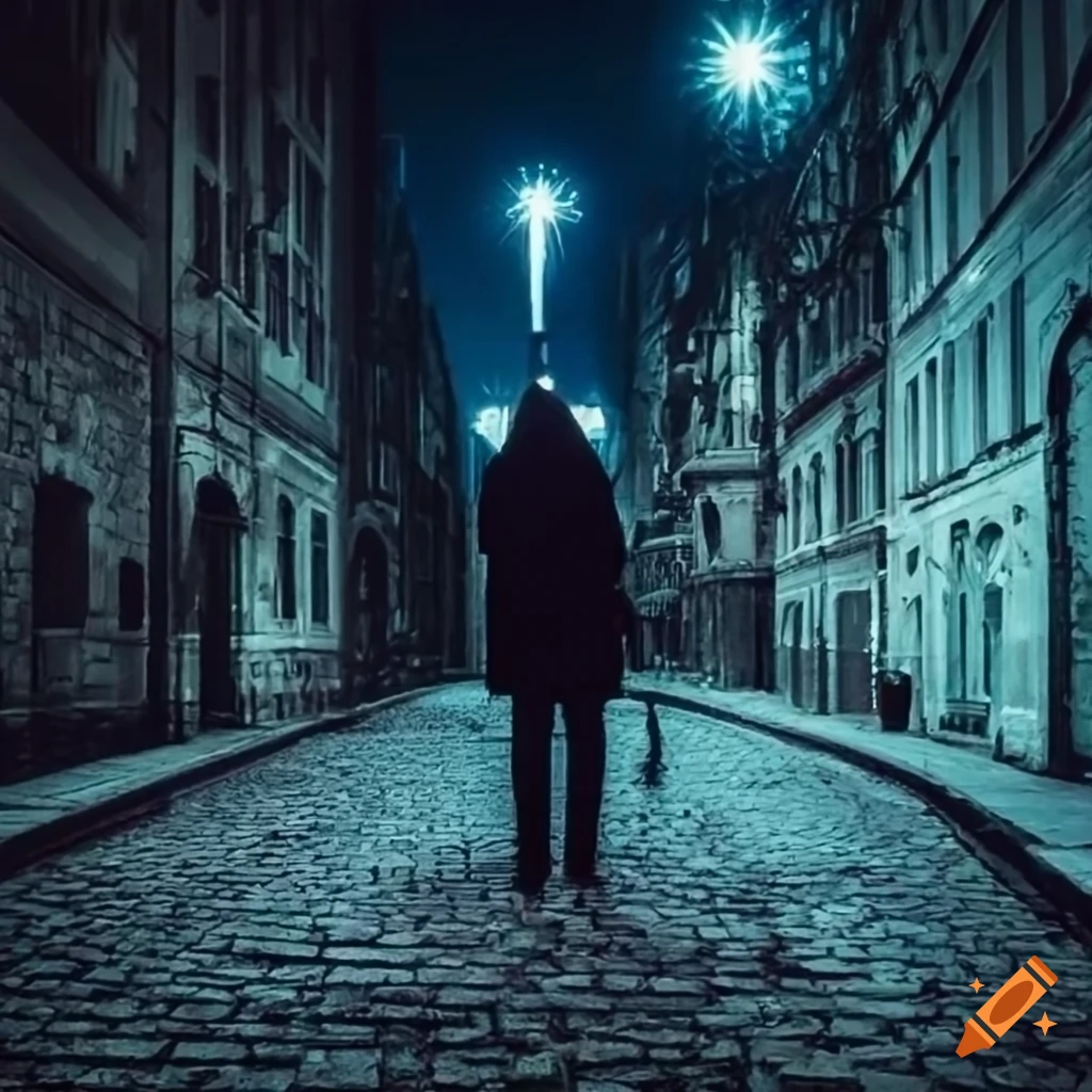 Lonely gothic man, long hair, walking city street at night