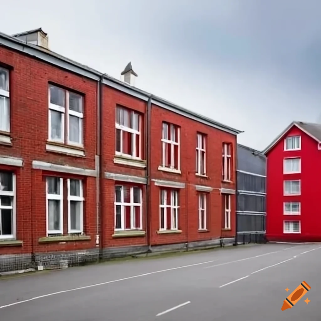 Grey and brown with a small bit of red two storey school buildings with ...