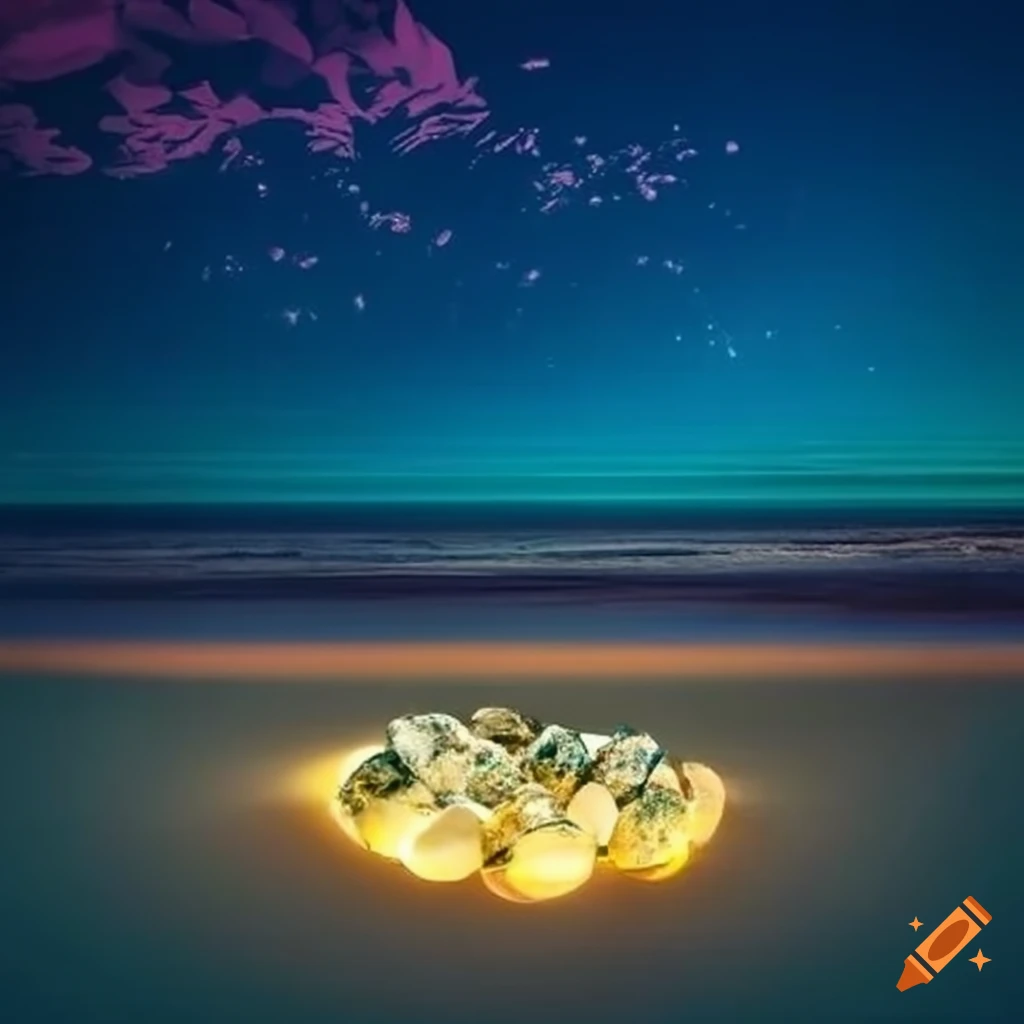 A serene beach at night adorned with glowing crystals and glass pebbles