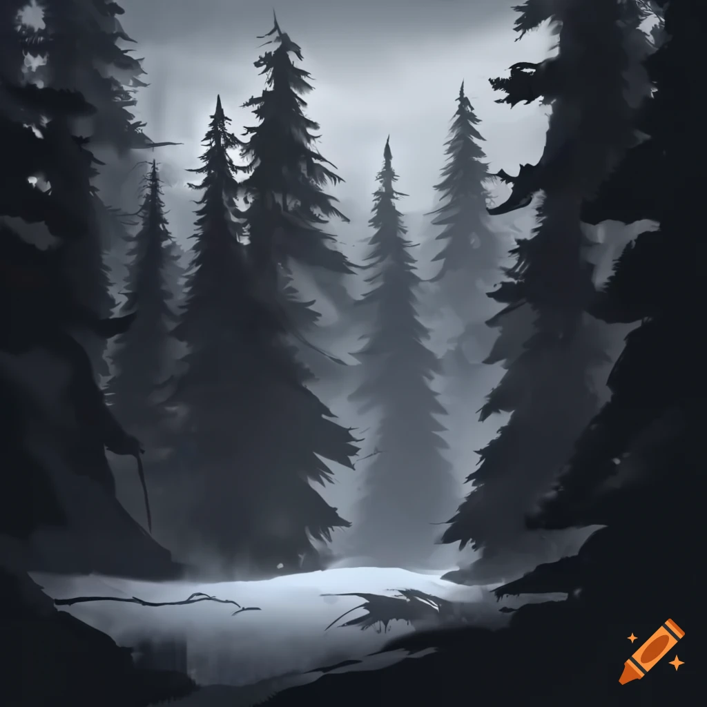 Dark winter taiga forest in black and white style