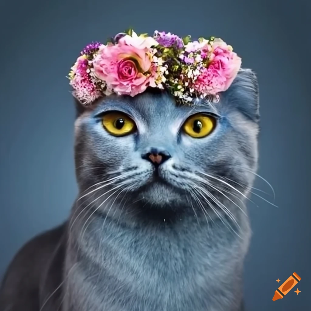 A stunning blue cat posing elegantly with a flower wreath