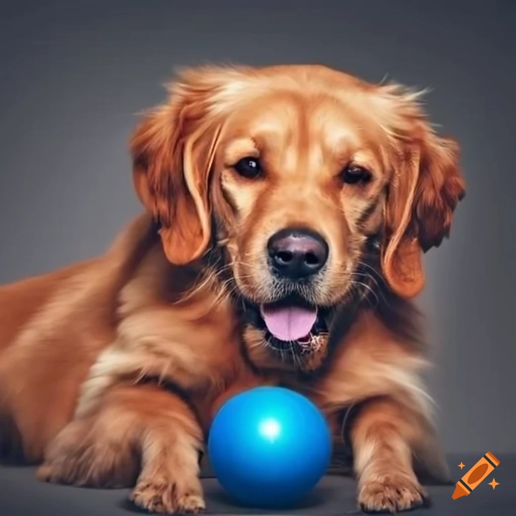 Red golden retriever with blue ball