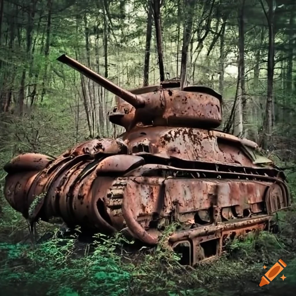 Rusted abandoned tank in forest