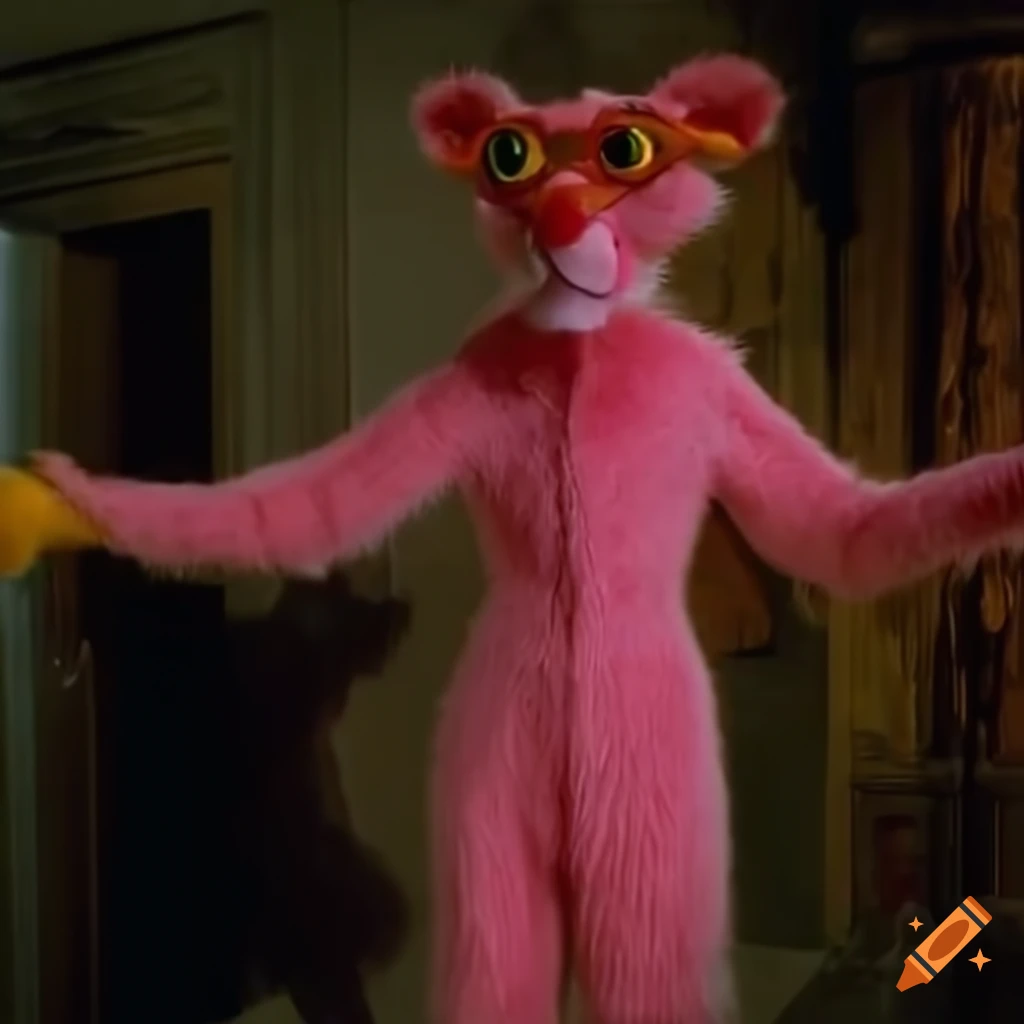 Horror 80’s cinema aesthetics, two persons: 1. Pink fur Pink panther in ...