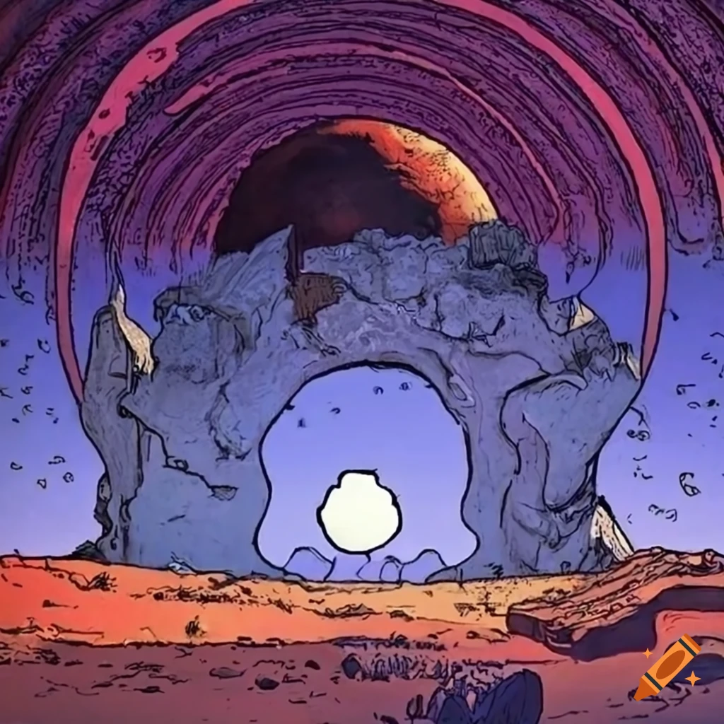 Alien planet ruins in the style of mœbius