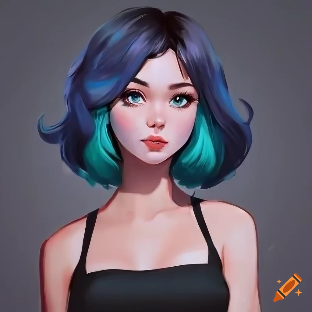 Mid Body Portrait Of Beautiful Women With Turquoise Wavy Short Hair Wearing Black T Shirt